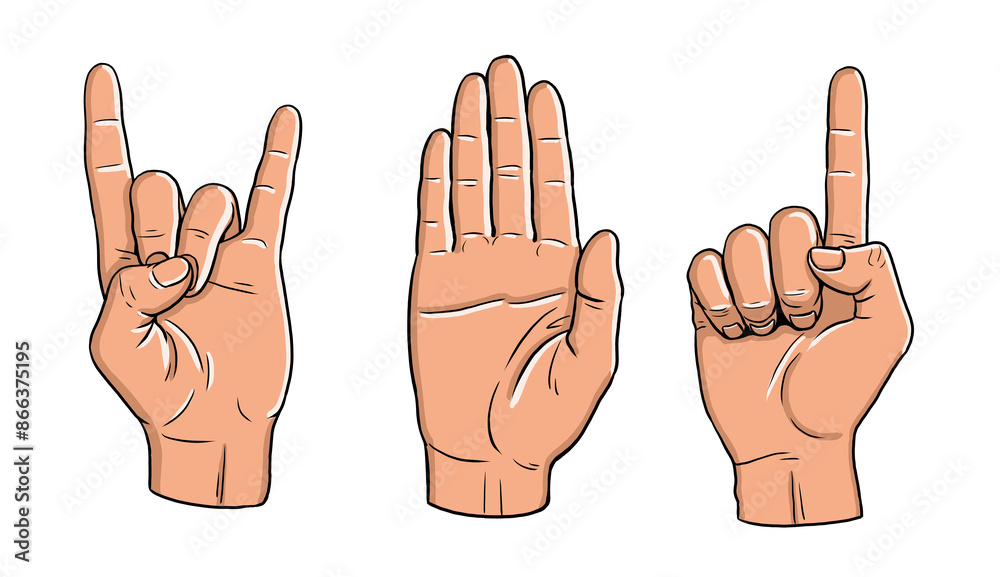 Colored drawing of Hand gesture and sign language. Stop, Rock 'n' Roll ...