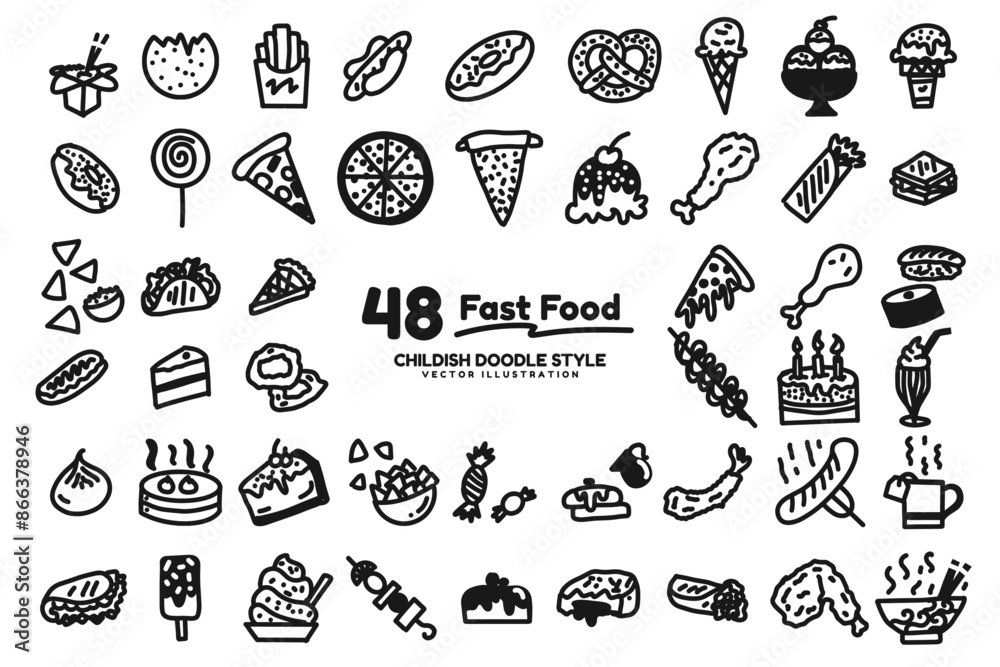 48 Fast Food Doodle Icons isolated on white background. Childish hand ...