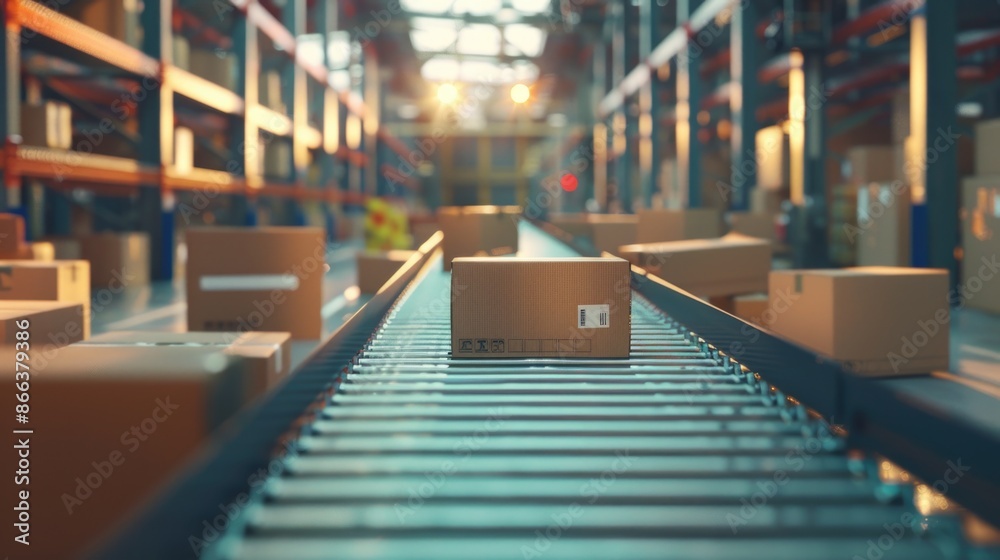 Modern Delivery Logistics Warehouse with Working Automated Conveyor Belt with Retail Parcels ...