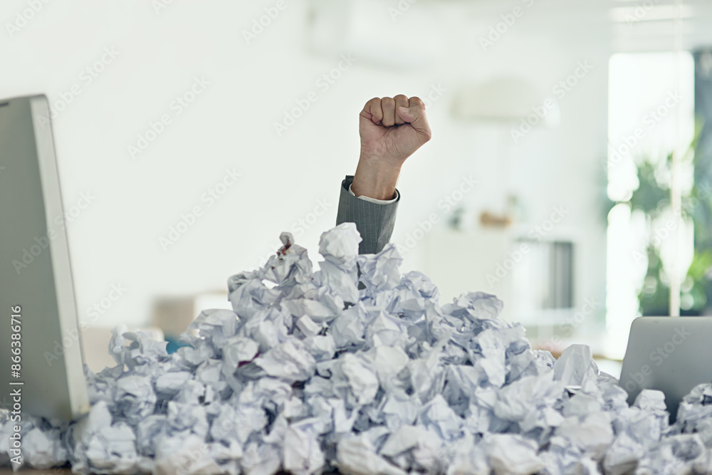 Office, power and hand of person with crumpled paper, computer and ...
