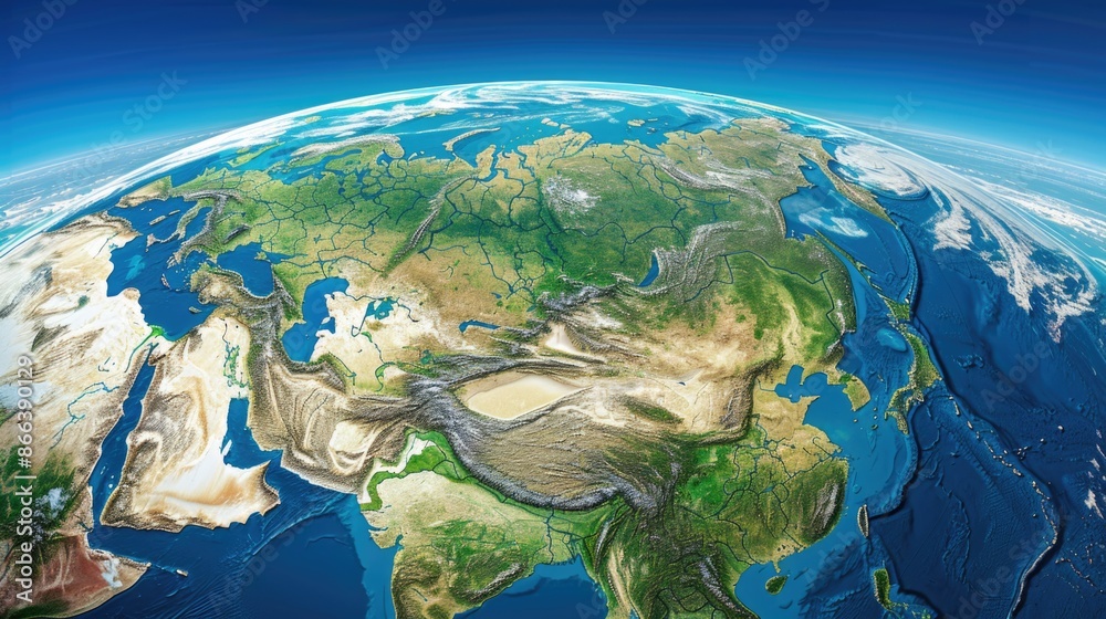 Physical map of Eurasia, Europe and Asia. Flattened satellite view of ...