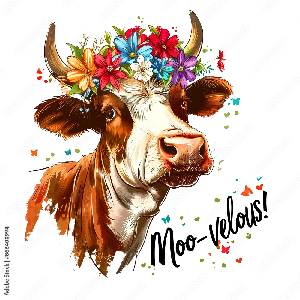 Colorful cow wearing a flower crown with "Moo-velous!" caption, perfect ...