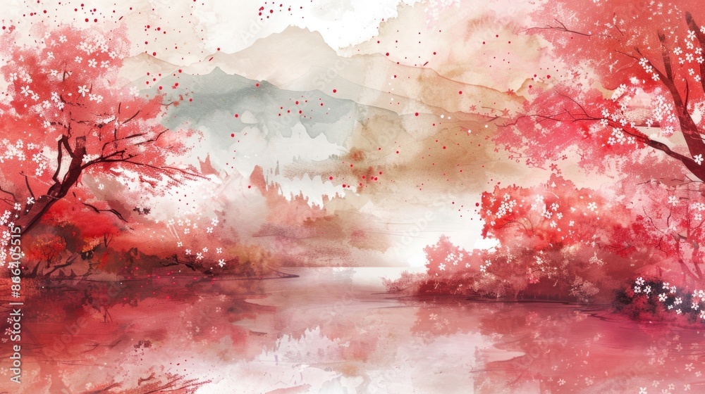 Sakura blossom landscape background. Watercolor painting. Digital ...