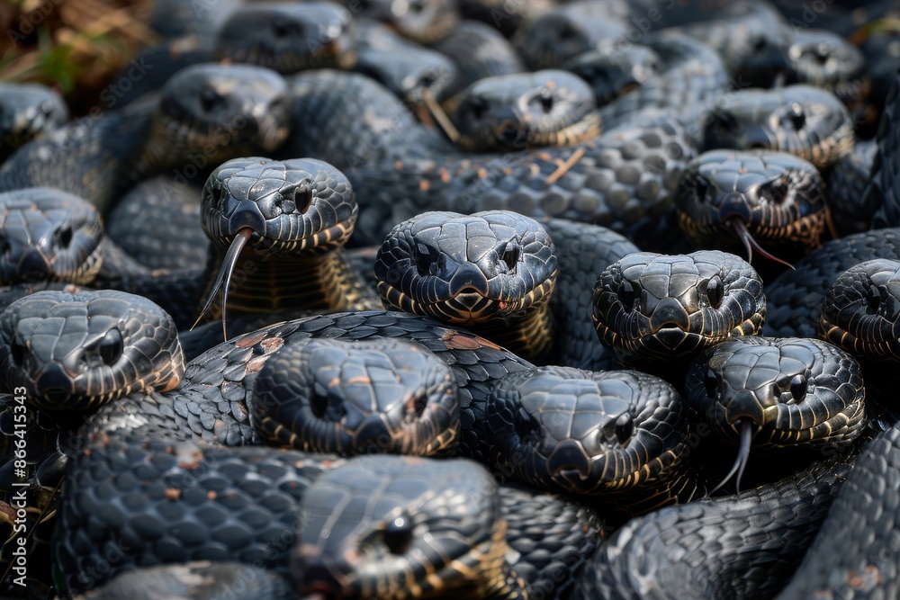 Group of black snakes coiled together striking and intense nature scene ...