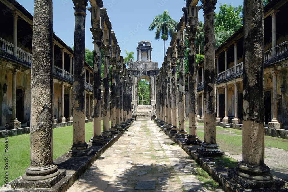 Ancient Roman garden with stone columns and pathways serene and ...