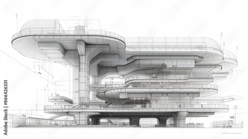 Cross-section CAD drawing of a huge brutalist train station, with ...