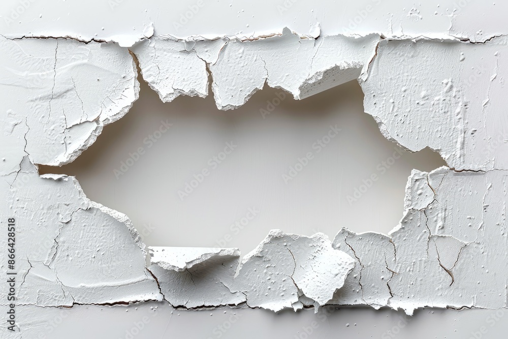 Cracked wall with large opening revealing inner cleft and rough texture ...