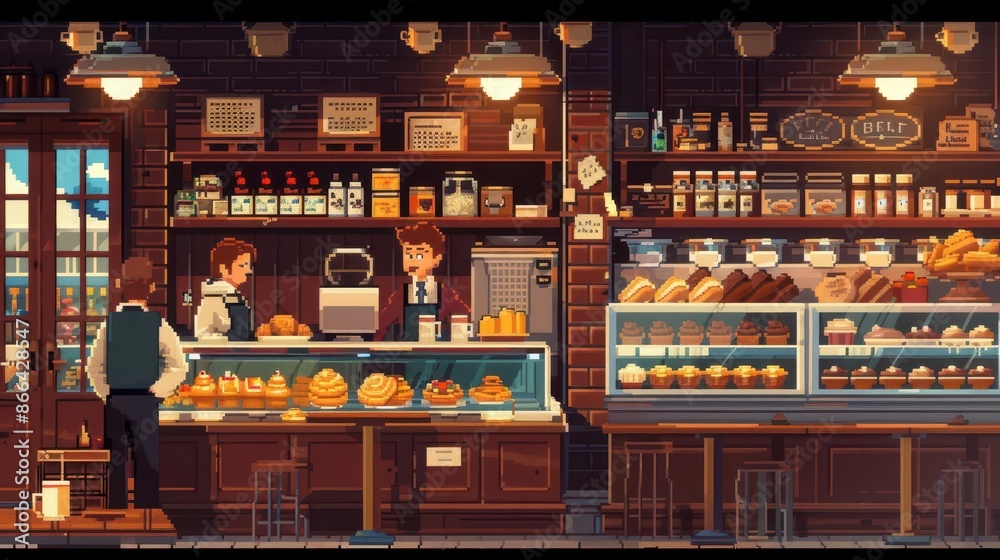 Cartoon pixel art, bakery shop, bright colors, muffins and croissants ...