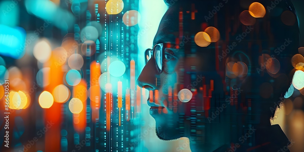 Researcher surveys overlay demographic data charts in double exposure ...