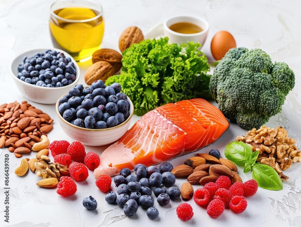 artfully arranged brainboosting foods including vibrant berries nuts ...