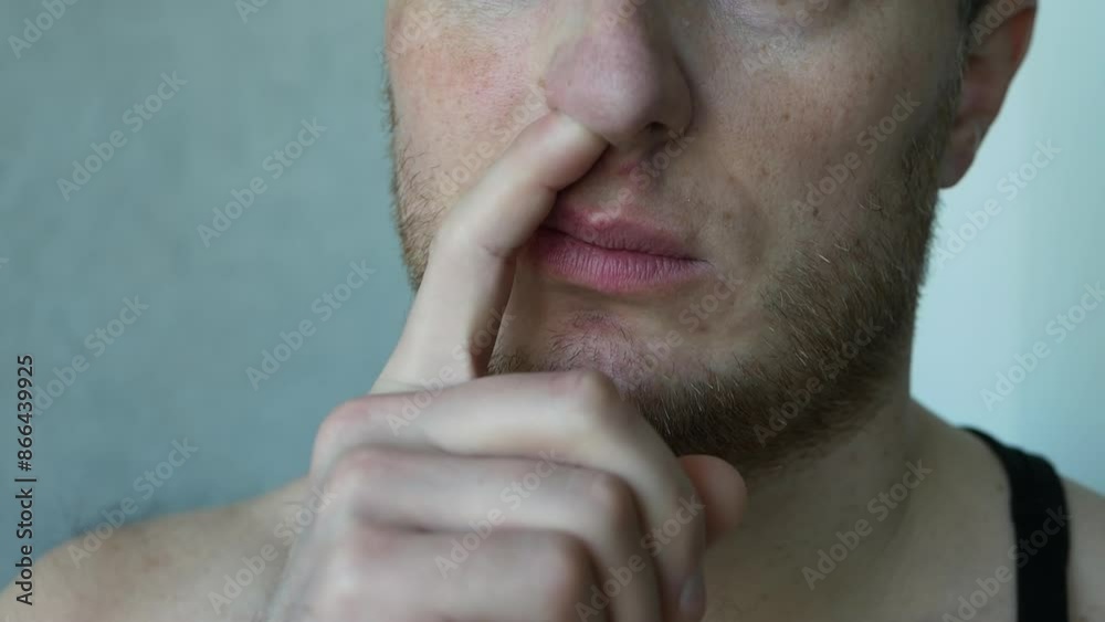 Pick your nose with your finger. The man stuck his finger into the ...
