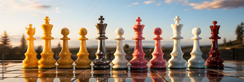 stands leading a formation of various chess pieces, Various chess ...