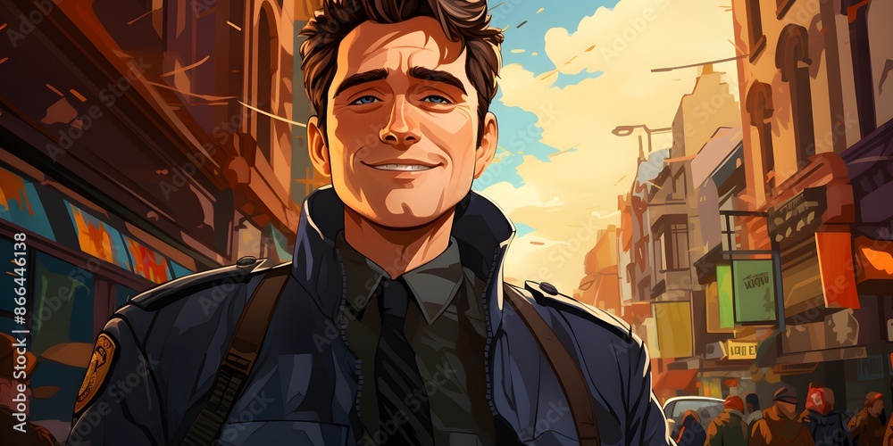 Vector illustration of police officer patrolling street, Comic book ...