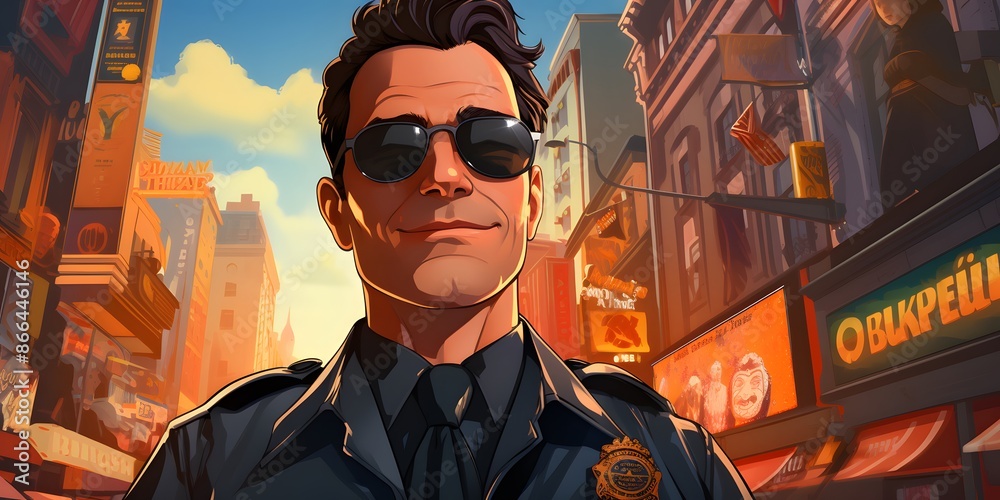 Vector illustration of police officer patrolling street, Comic book ...