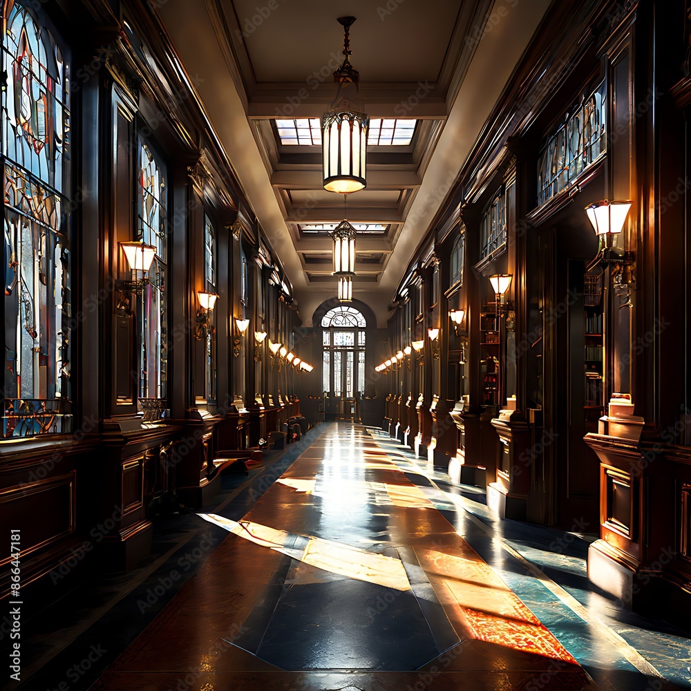 Long, grand hallway with stained glass windows and intricate details ...