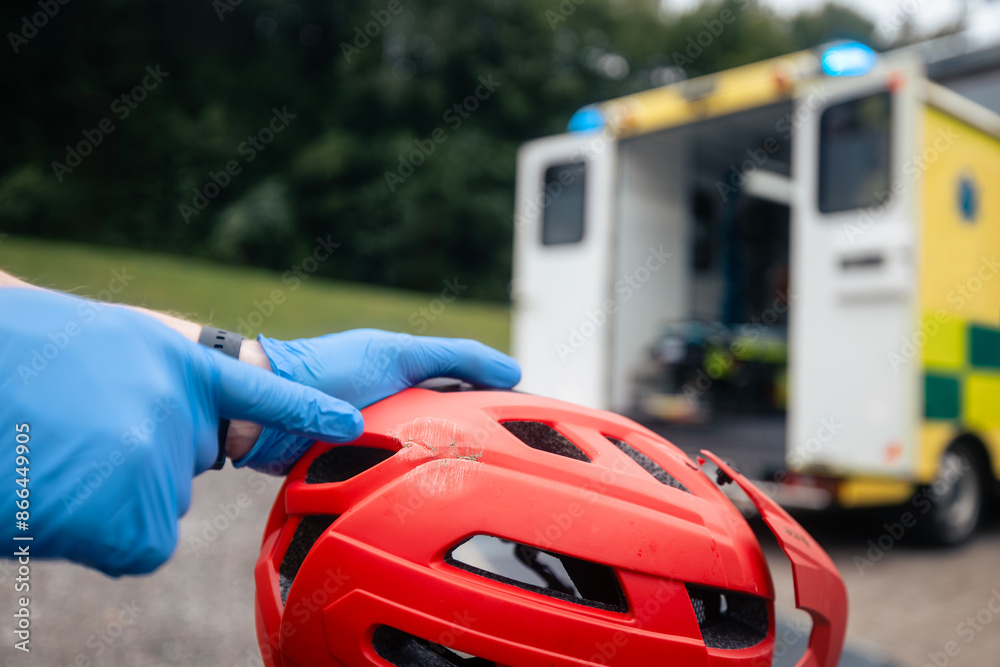 Paramedic showing at broken bicycle safety helmet after fall cyclist ...