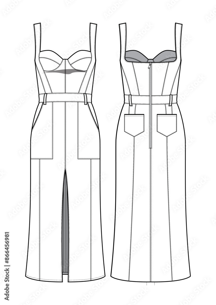 denim midi dress with front slit technical drawing / flat sketch /CAD ...