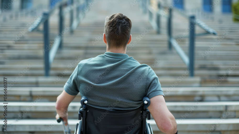 A wheelchair user facing a flight of stairs, looking determined, with ...