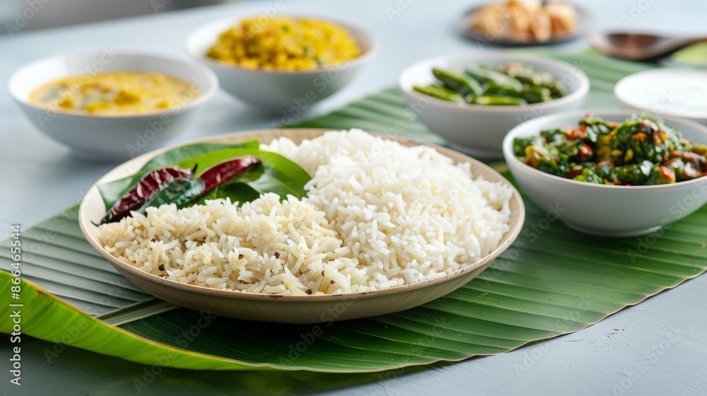 Isolated image of a traditional Onam Sadya meal served on a banana leaf ...