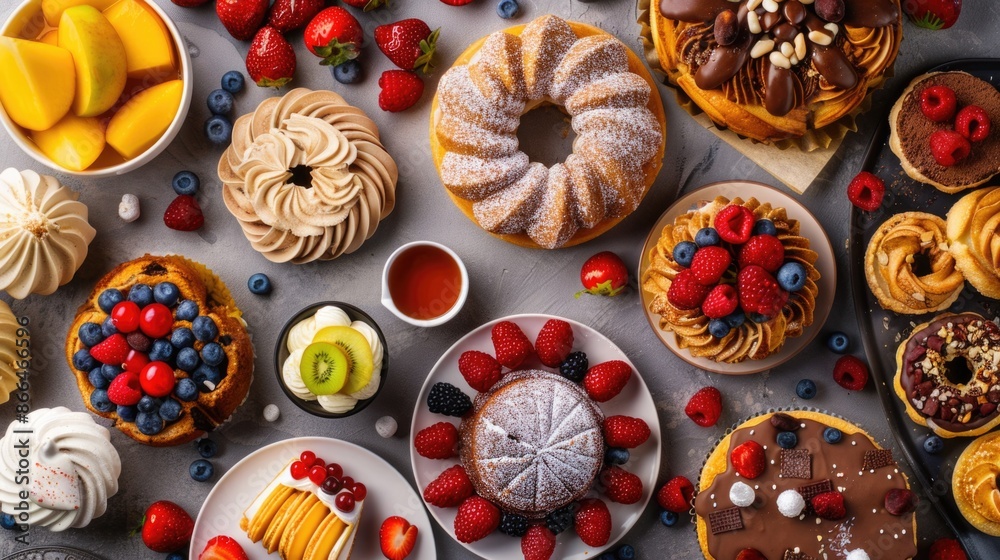 Various Desserts that are full on the table from the top view, cakes ...