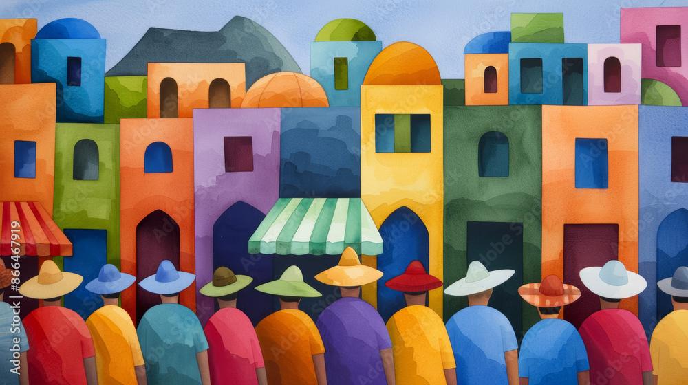 watercolor painting of a Hispanic art exhibition, with vibrant artworks ...