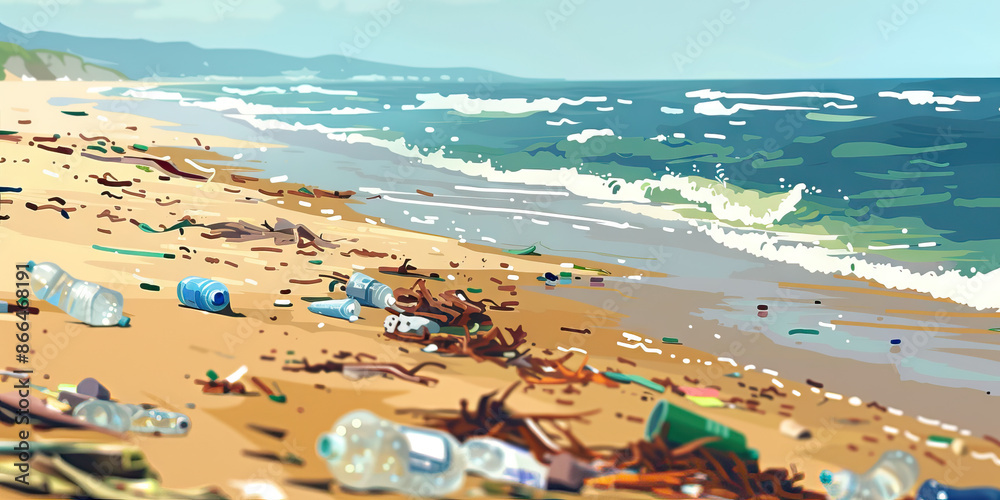 Environmental Pollution: A stark depiction of a polluted beach with ...