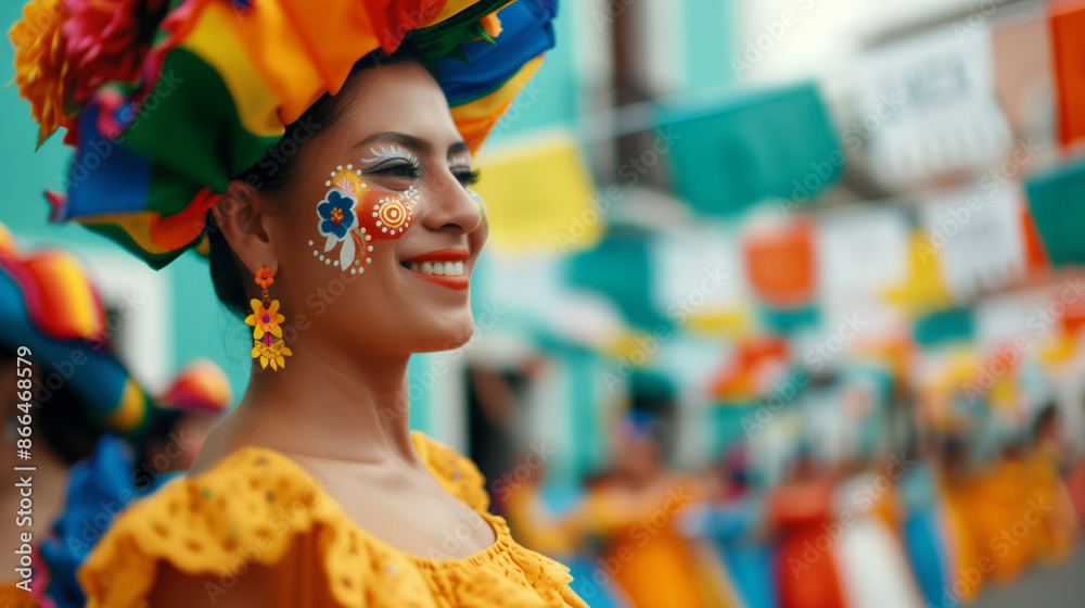 Wide angle of a vibrant street parade in Mexico with colorful floats ...