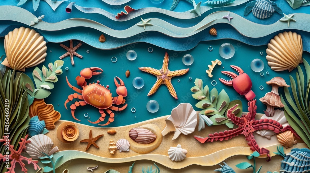 A detailed papercut illustration of a busy seafloor scene. A crab ...