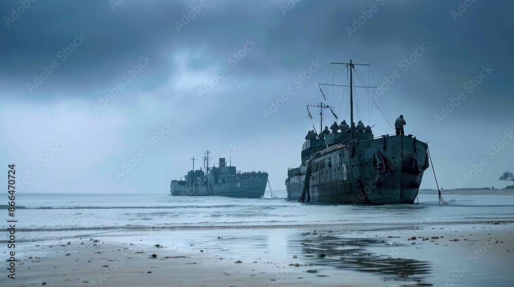 D-Day normandy landing 1944, WWII landing crafts and soldier on the ...