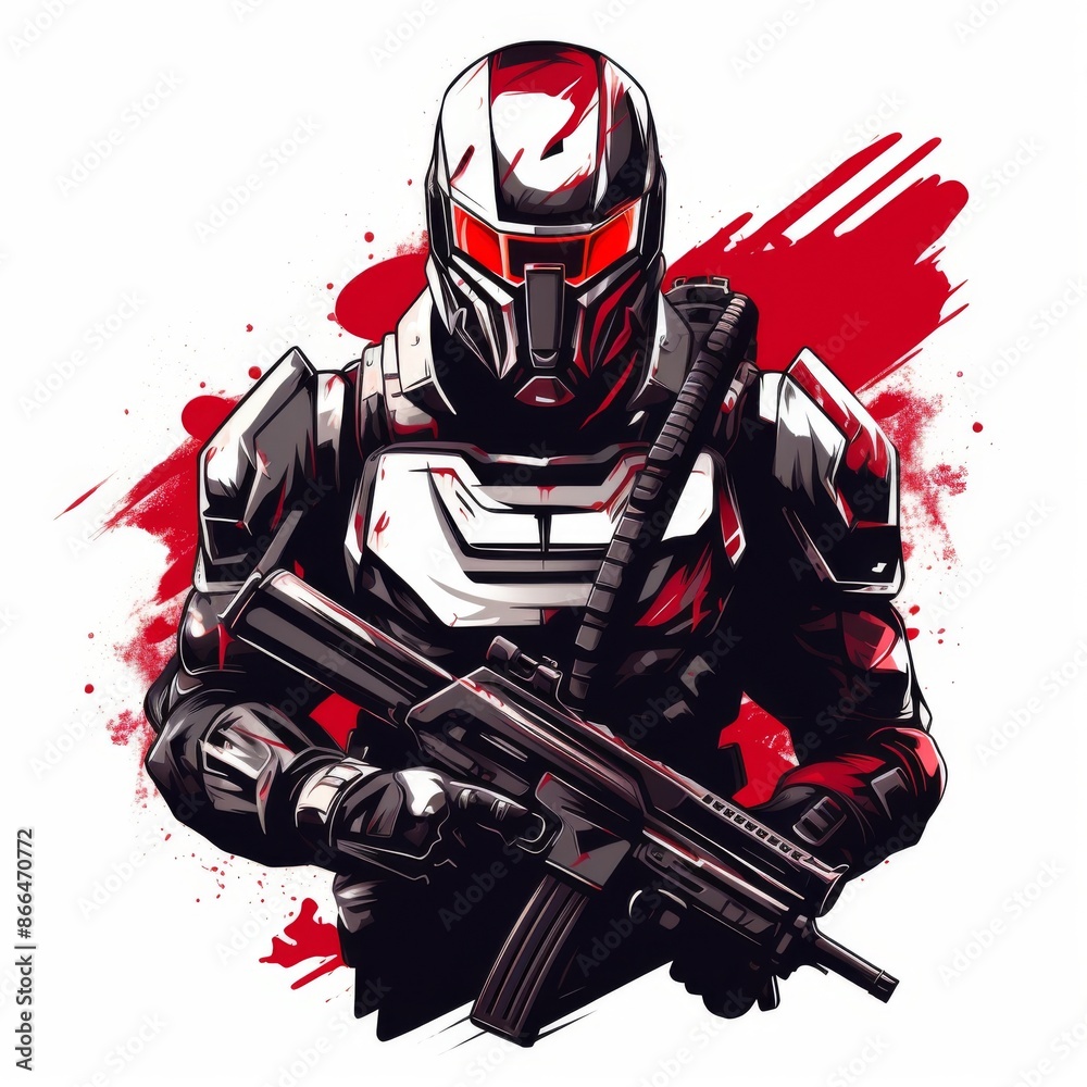 Futuristic Soldier with Red Visor and Gun on Blood Splatter Background ...
