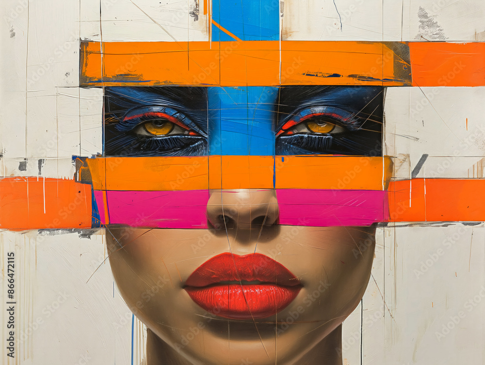 An abstract portrait features a face with sharp angles and vibrant ...