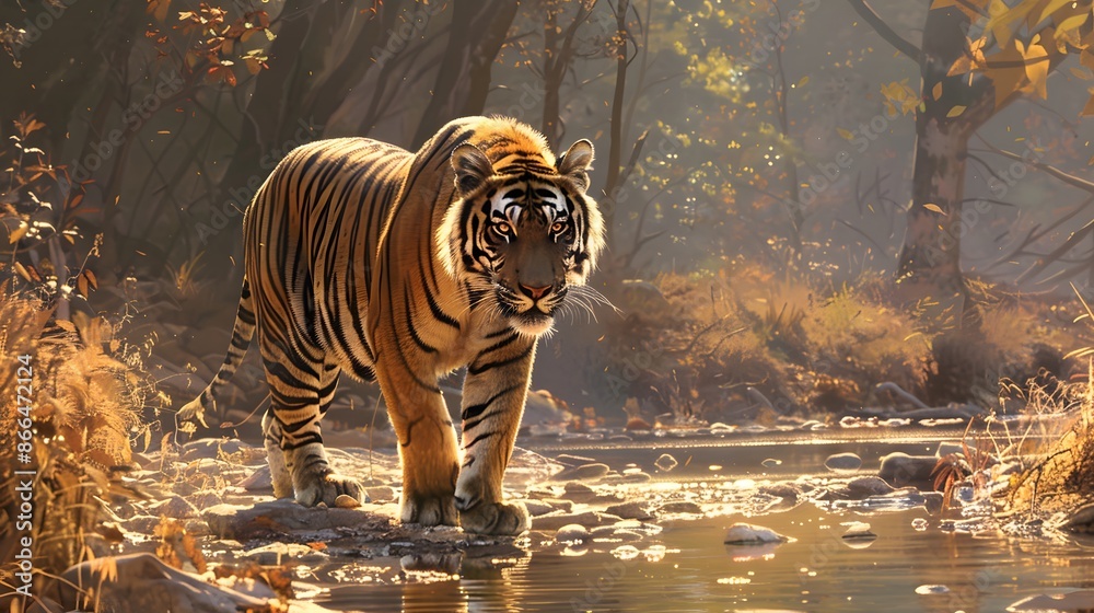 Great tiger male in the nature habitat. Tiger walk during the golden ...