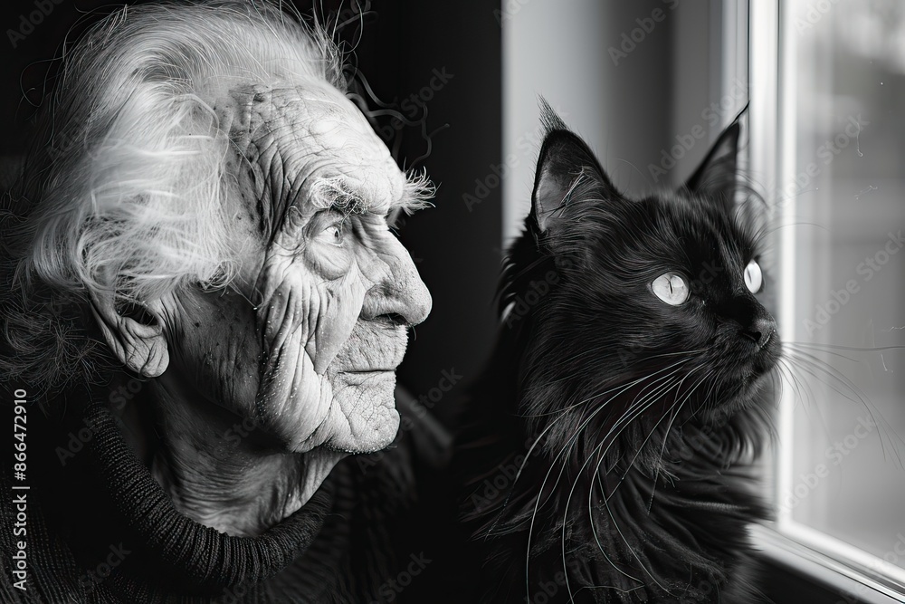 An elderly man in his 80s with white hair and a cat, a black Maine Coon ...