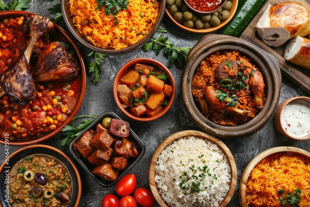 West African food concept. Traditional West African dishes assortment ...