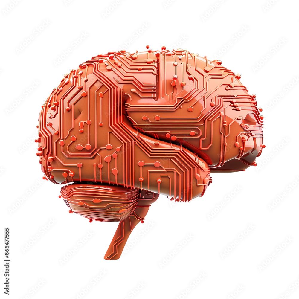 Digital brain model with circuit-like pathways illustrating artificial ...