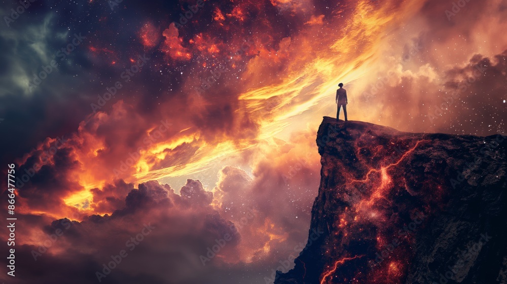 Silhouette of a Person Standing on a Fiery Mountain Cliff with Dramatic ...