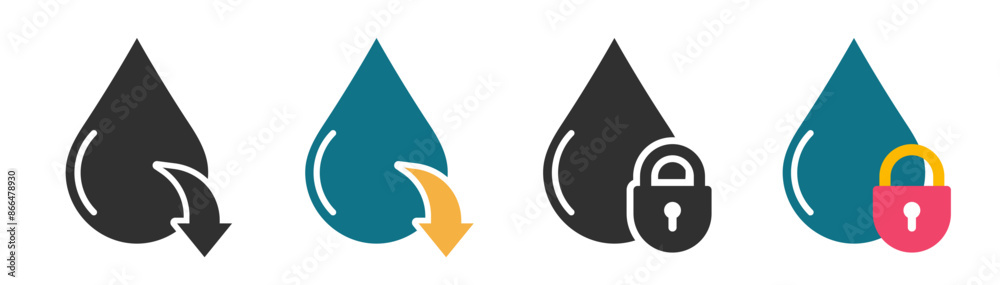 Water drop low level and lock security icon, aqua moisture decrease ...