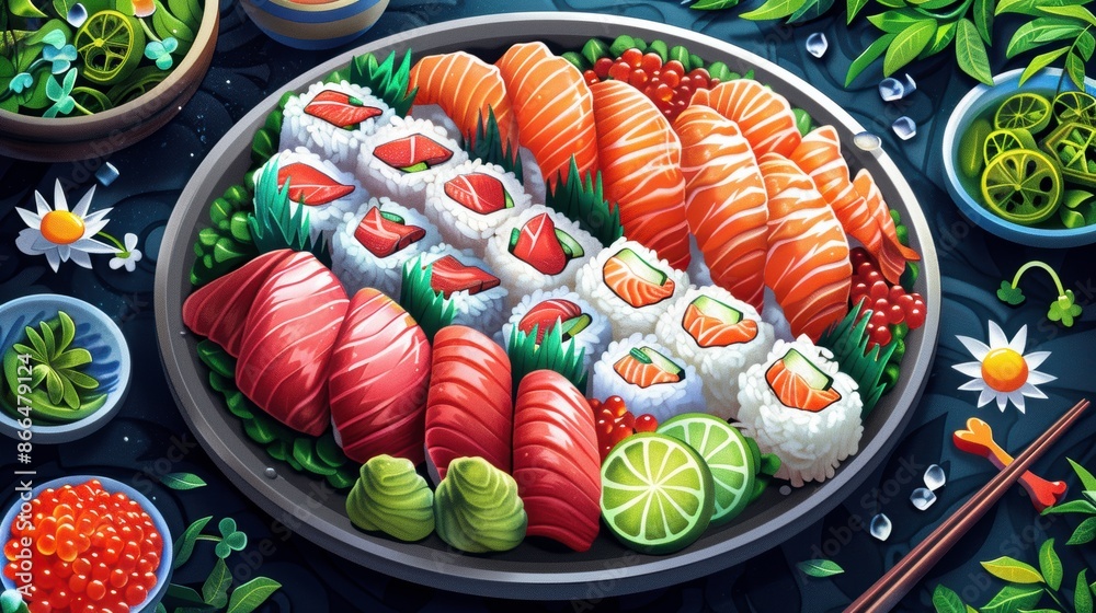 Realistic cut out of Sashimi, isometric style, Attractive colors ...