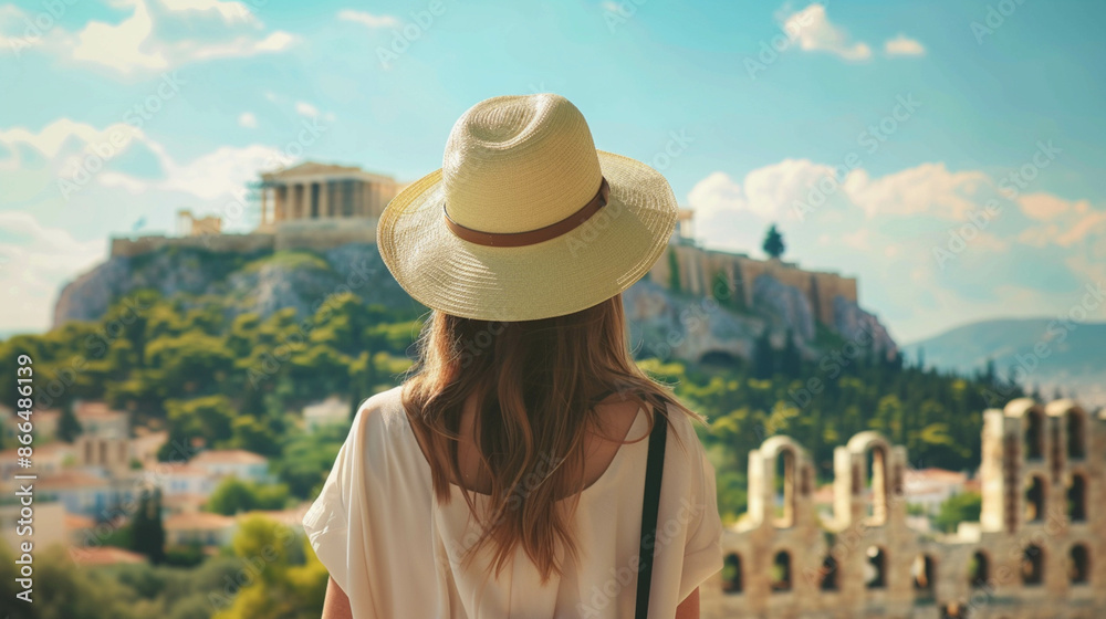 Acropolis of Athens. Young traveler woman visiting the city of Athens ...