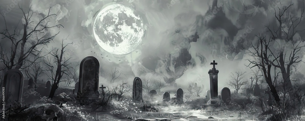 ภาพประกอบสต็อก Eerie cemetery under a full moon with tombstones and ...