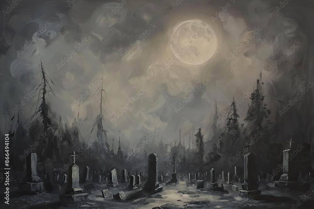 Eerie night scene of a desolate cemetery under a full moon, surrounded ...