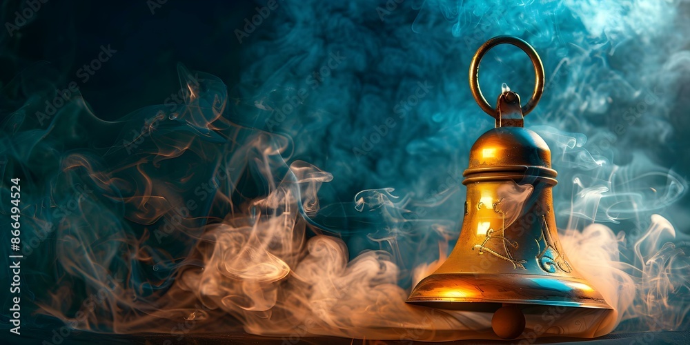 Fire alarm bell against black background with smoke and flames - A ...