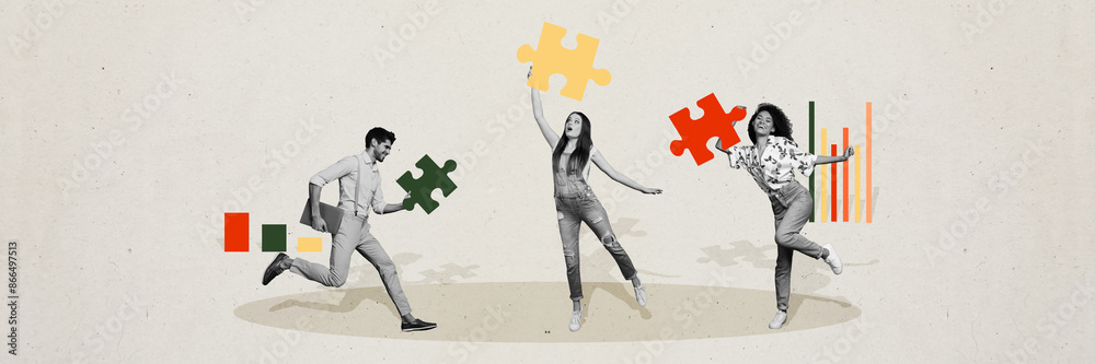 Composite panoramic collage of happy business colleagues hold puzzle ...