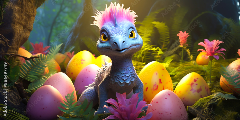 Cute cartoon baby dinosaur hatching from an imaginary egg of a ...