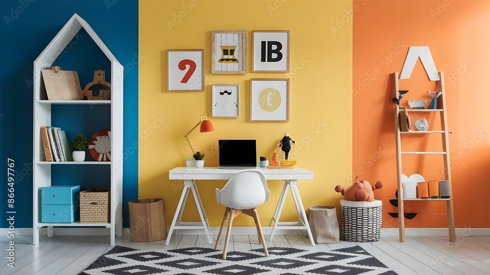 Kids study interior designs. Empty painted wall for mockup.Accent ...