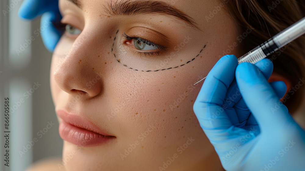 Plastic surgery. Close-up of a beautiful young woman receiving facial ...