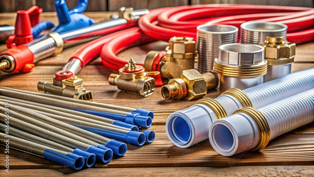 Water pipes PEX and mounting tools on the table. Plumbing Stock ...