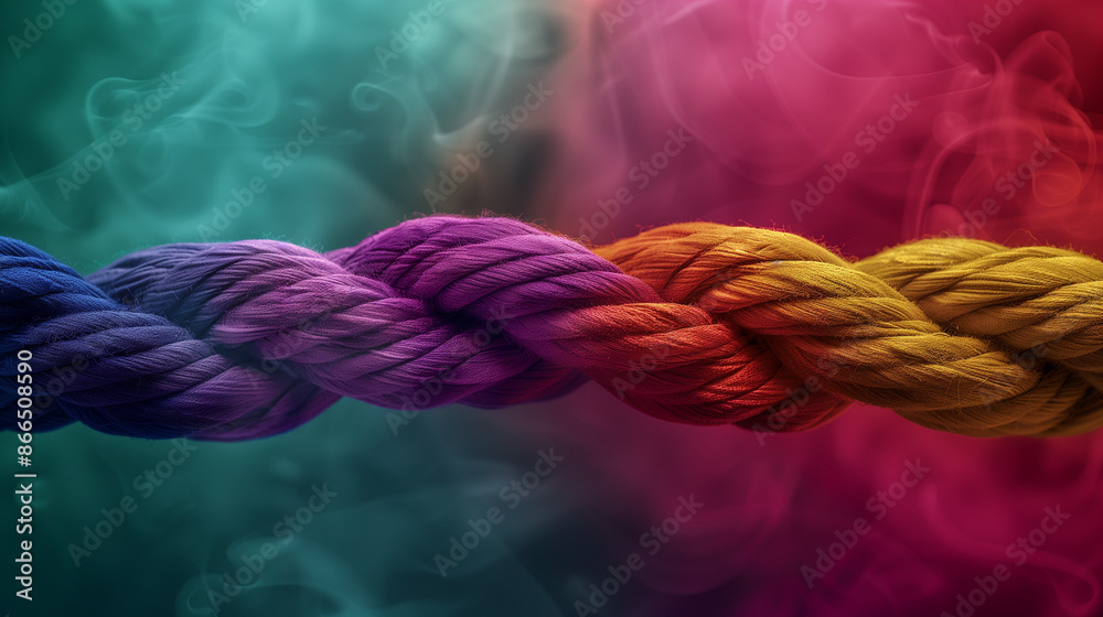A close-up of colorful straight rope rope connected to represent unity ...