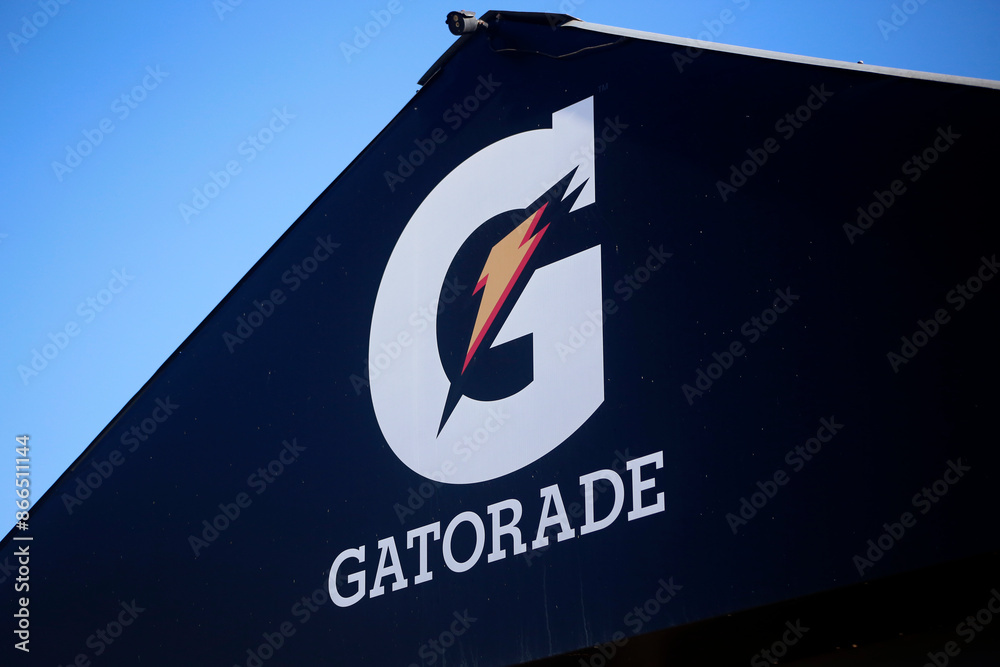 Gatorade drink sign on sports building. Energy drink logo for athletes ...