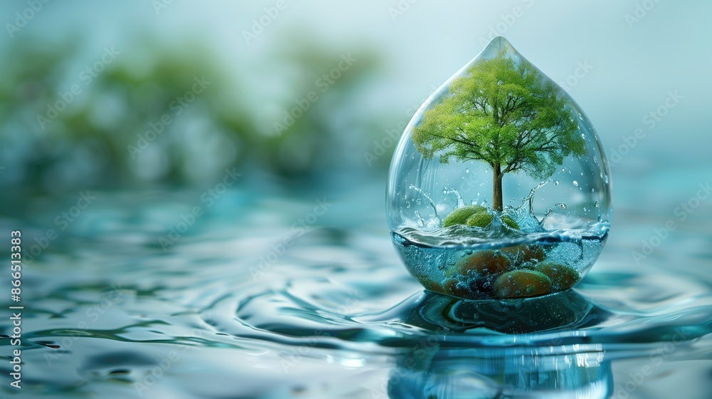 Sustainability and eco-friendly concept. Tree in Water Droplet with ...